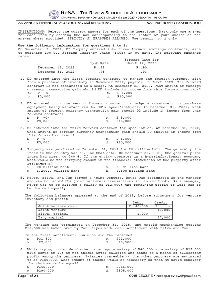 AFAR Final Pre-Board Exam Review | PDF | Depreciation | Book Value