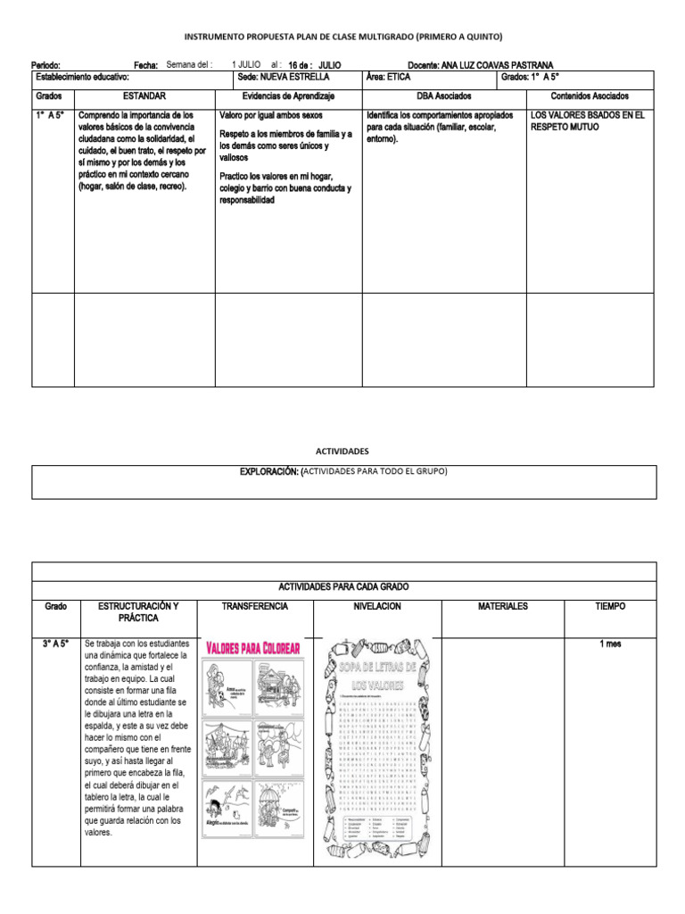 Formato Plan de Aula Multigrado - Etica | PDF | Evaluación | Aprendizaje