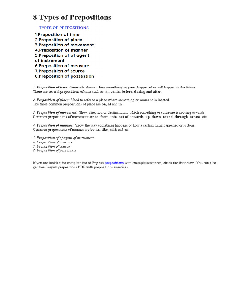Prepositions | PDF | Preposition And Postposition