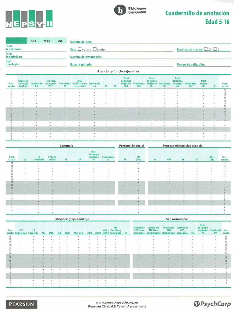 Edad 5-16 Protocolo Nepsy 2 | PDF