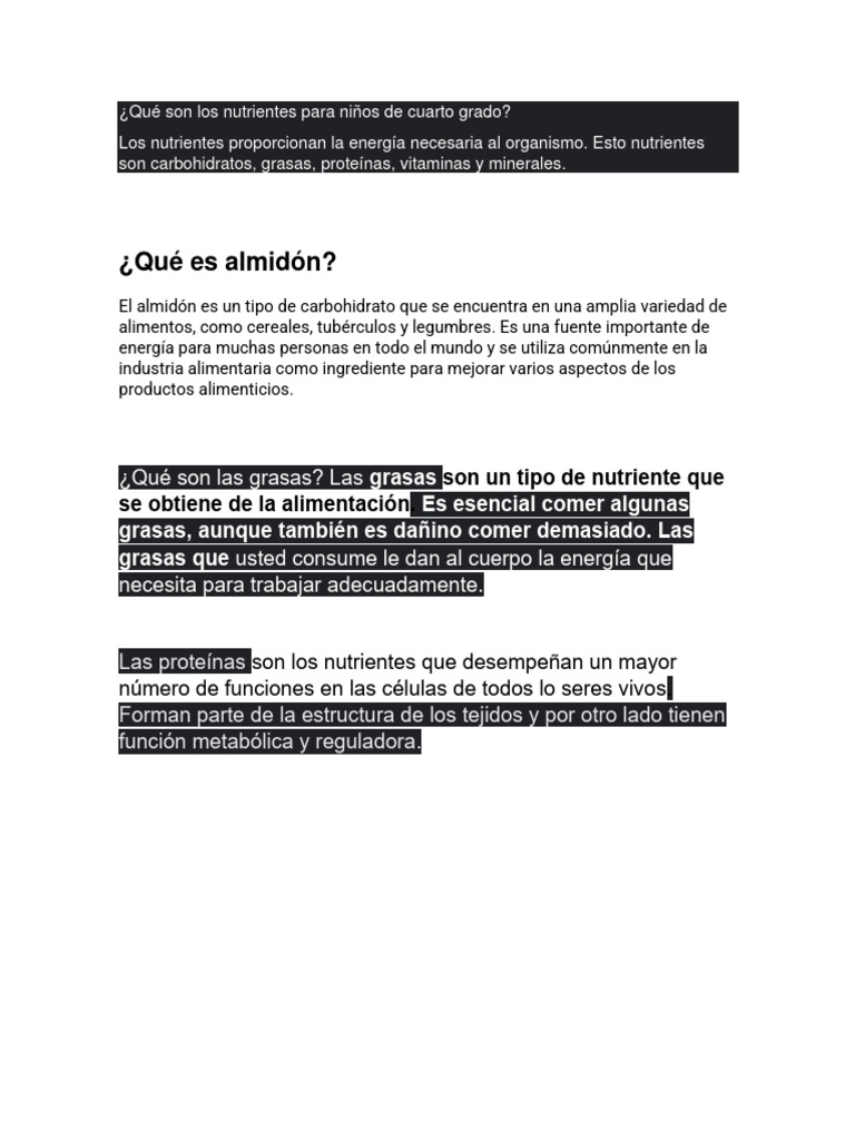 Qué Son Los Nutrientes Para Niños De Cuarto Grado Pdf