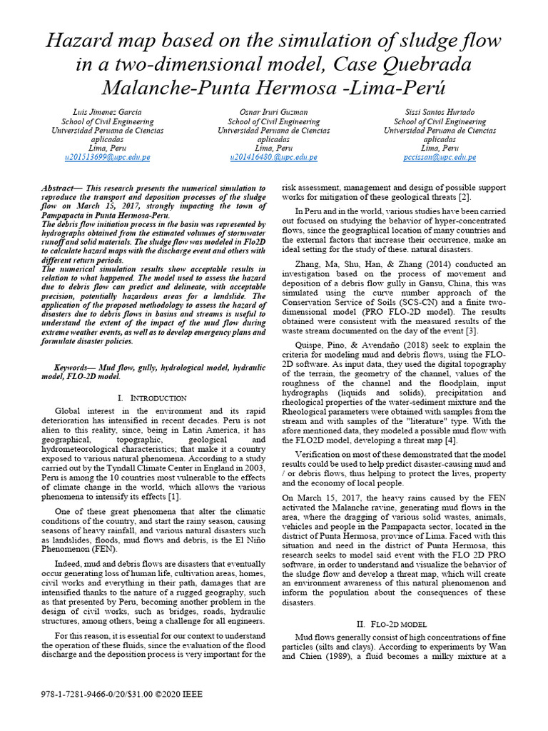 Modelamiento Quebrada Malanche Punta Hermosa Lima Peru | PDF | Fluid Dynamics | Rheology