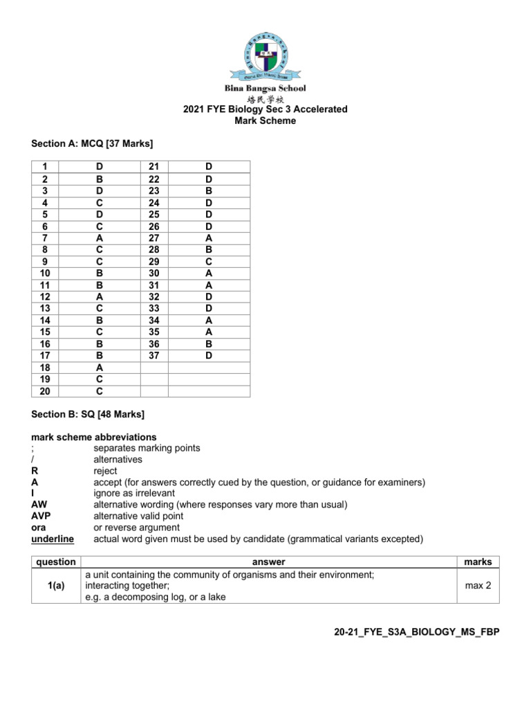 20-21 FYE S3A Biology MS Rev FBP | PDF