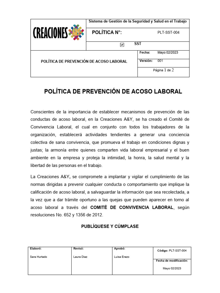 Plt Sst 004 Política De Prevención De Acoso Laboral Pdf Justicia