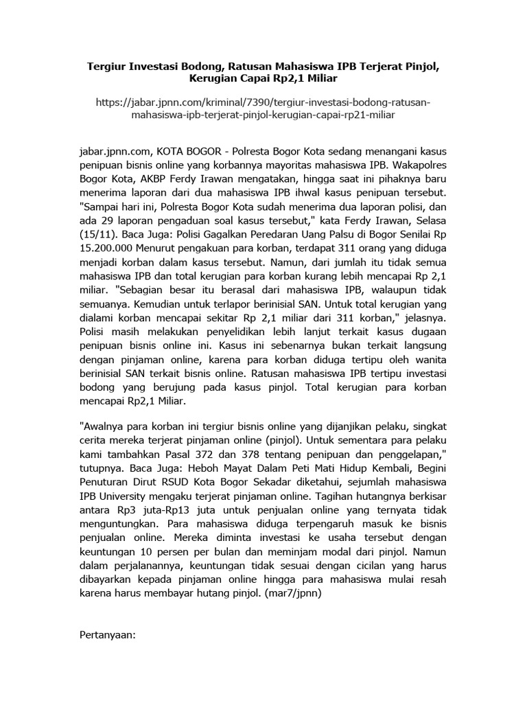 Soal Kasus Mhs IPB Terkena Investasi Bodong | PDF