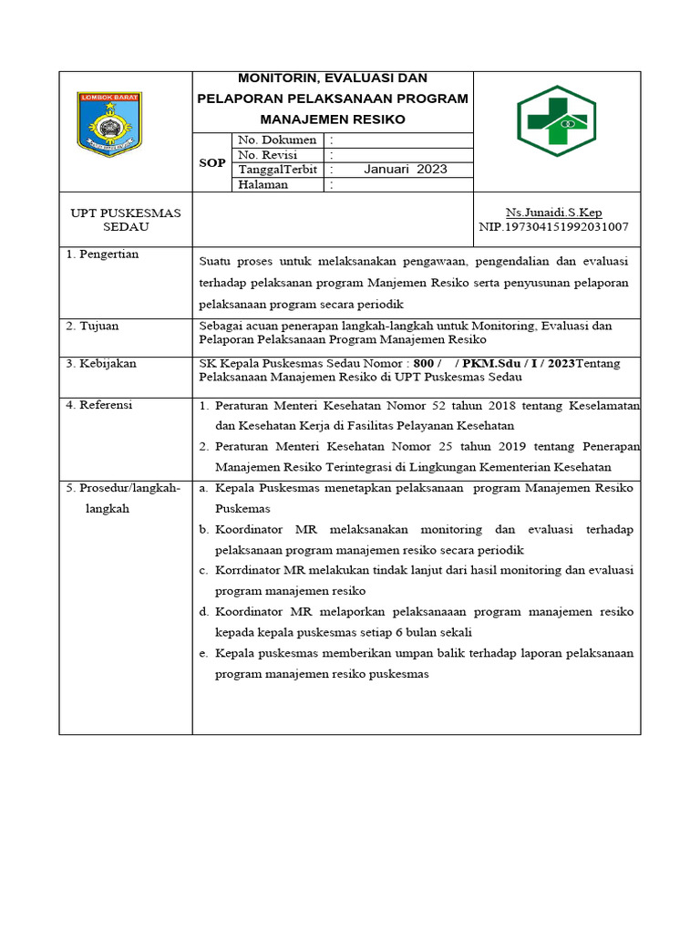 Sop Monitorin, Evaluasi Dan Pelaporan Pelaksanaan Program Manajemen Resiko | PDF