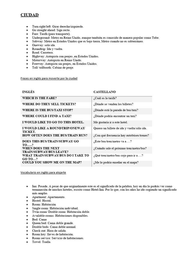 Vocabulario - Ciudad Avion Tren Barco | PDF