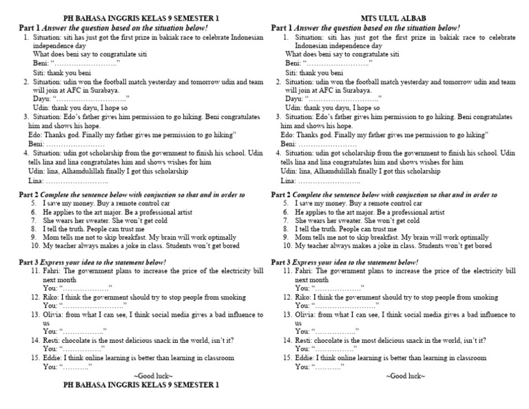 Soal PH1 Kelas 9 2023 | PDF
