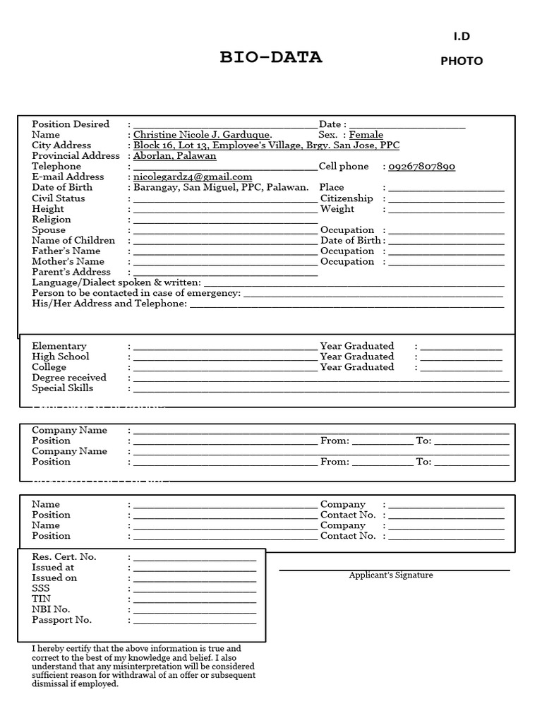 Bio Data Form | PDF | Government And Personhood
