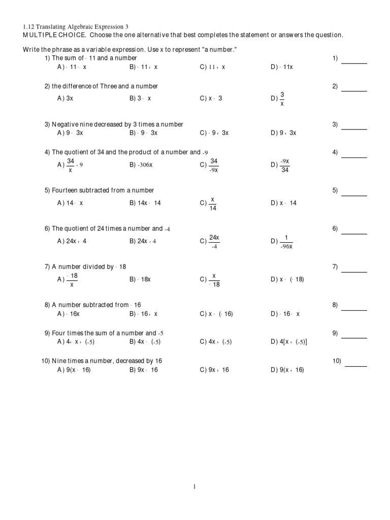 Algebraic Expression Translation Quiz | PDF | Numbers | Multiple Choice