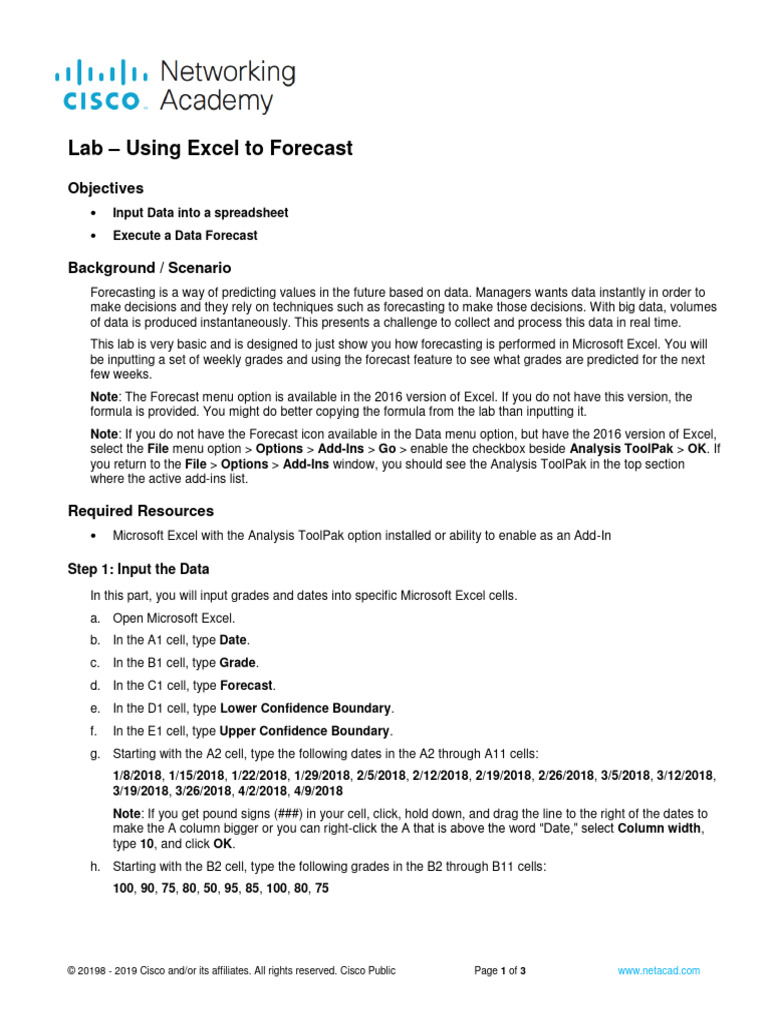 3.1.3.7 Lab - Using Excel To Forecast | PDF | Microsoft Excel | Forecasting