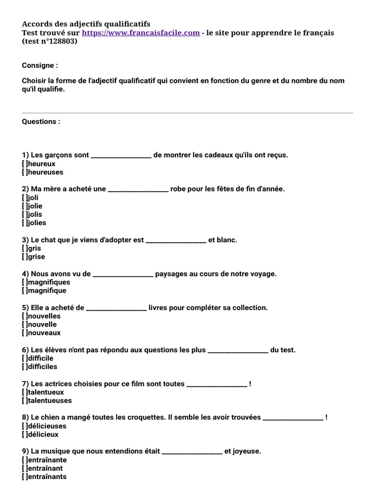 Accords Des Adjectifs Qualificatifs | PDF