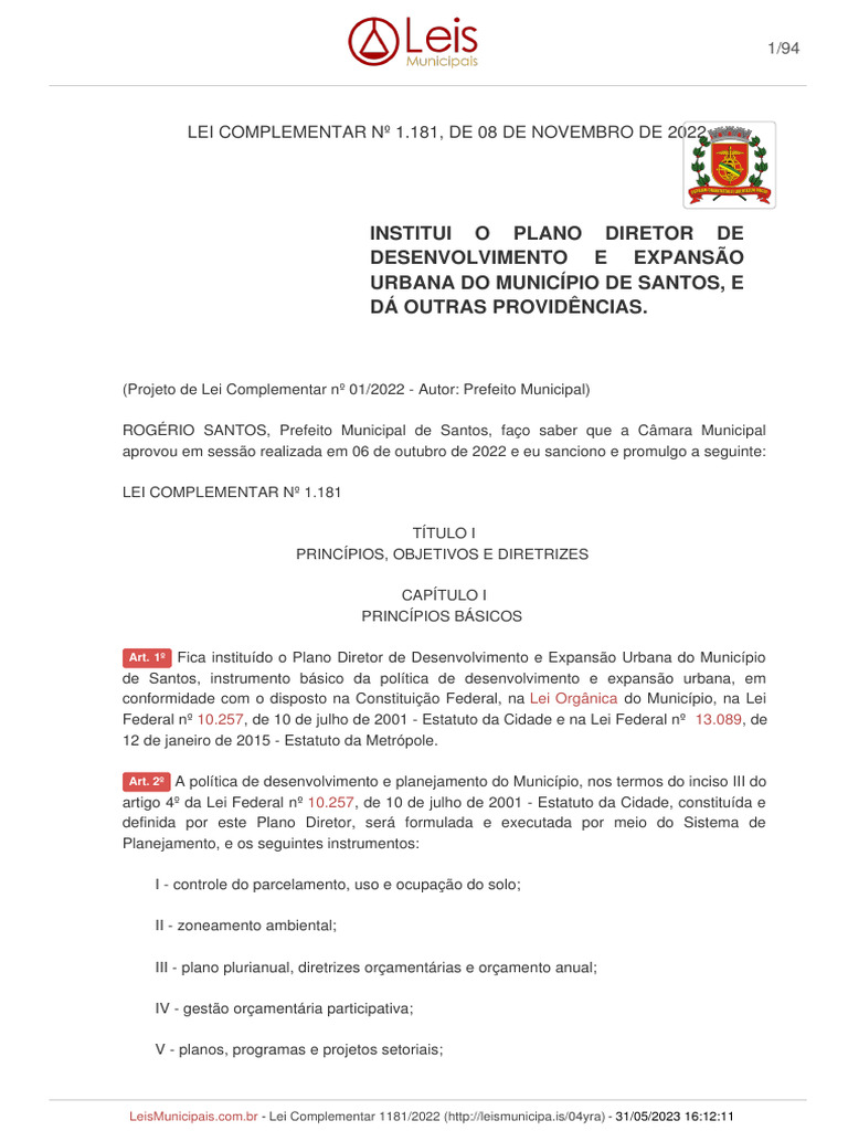 Lei Complementar 1181 2022 Santos SP | PDF