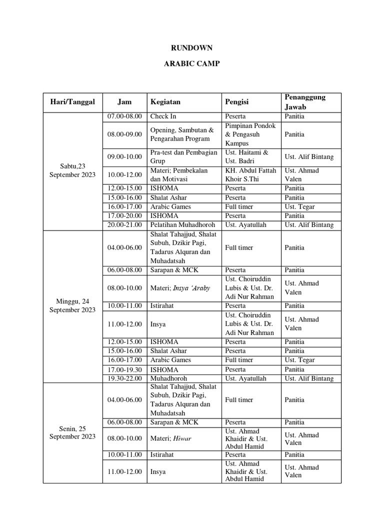 Arabic Camp Schedule Sept 2023 | PDF