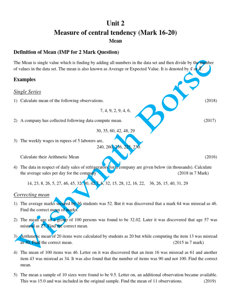 CLG - Unit 2 Mean Median Mode | PDF | Arithmetic Mean | Mode (Statistics)
