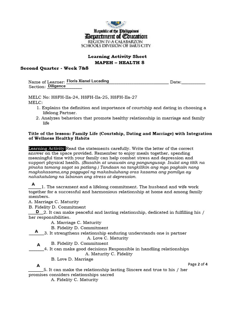 2nd QUARTER HEALTH ACTIVITY SHEET | PDF | Marriage | Pregnancy