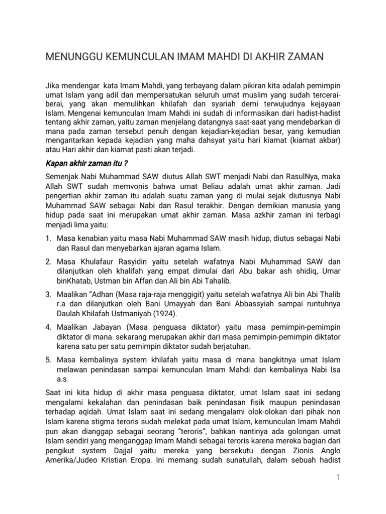 Menunggu Kemunculan Imam Mahdi Di Akhir Zaman | PDF