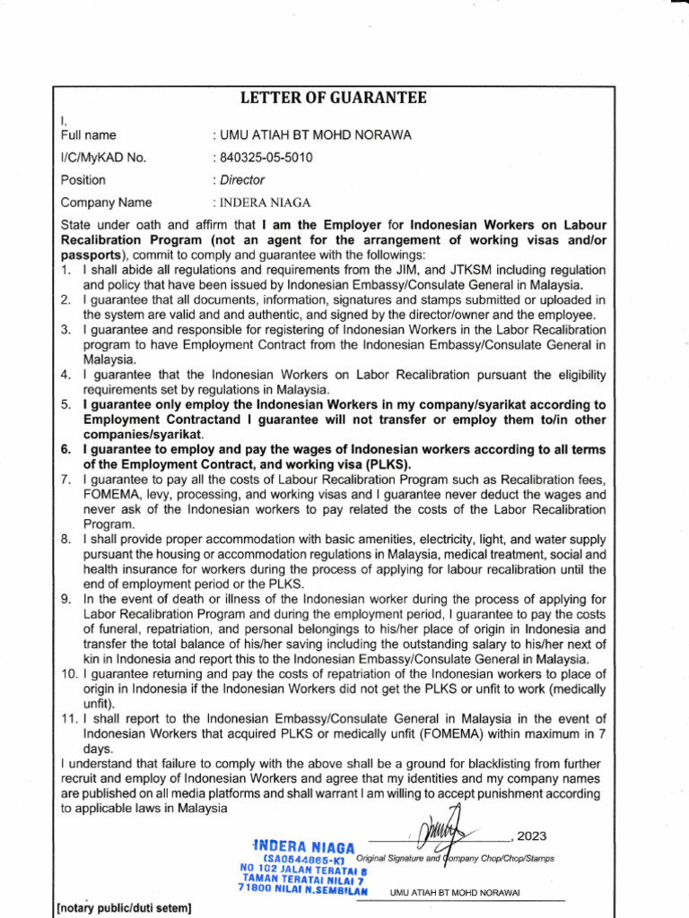 Letter of Guarantee | PDF | Employment | Travel Visa