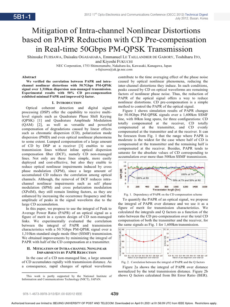 Mitigation of intra-channel nonlinear distortions based on PAPR reduction with CD pre ...