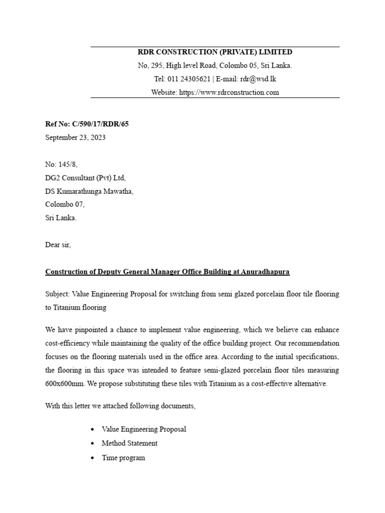 Cover Letter-Value Engineering Proposal | PDF | Cost | Safety