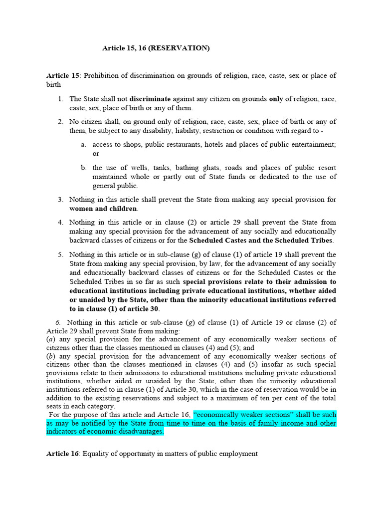 Art-15,16 Reservation Notes - Share | PDF | Social Inequality ...