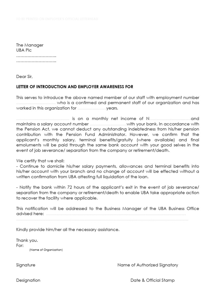 Employer Awareness Letter for UBA | PDF