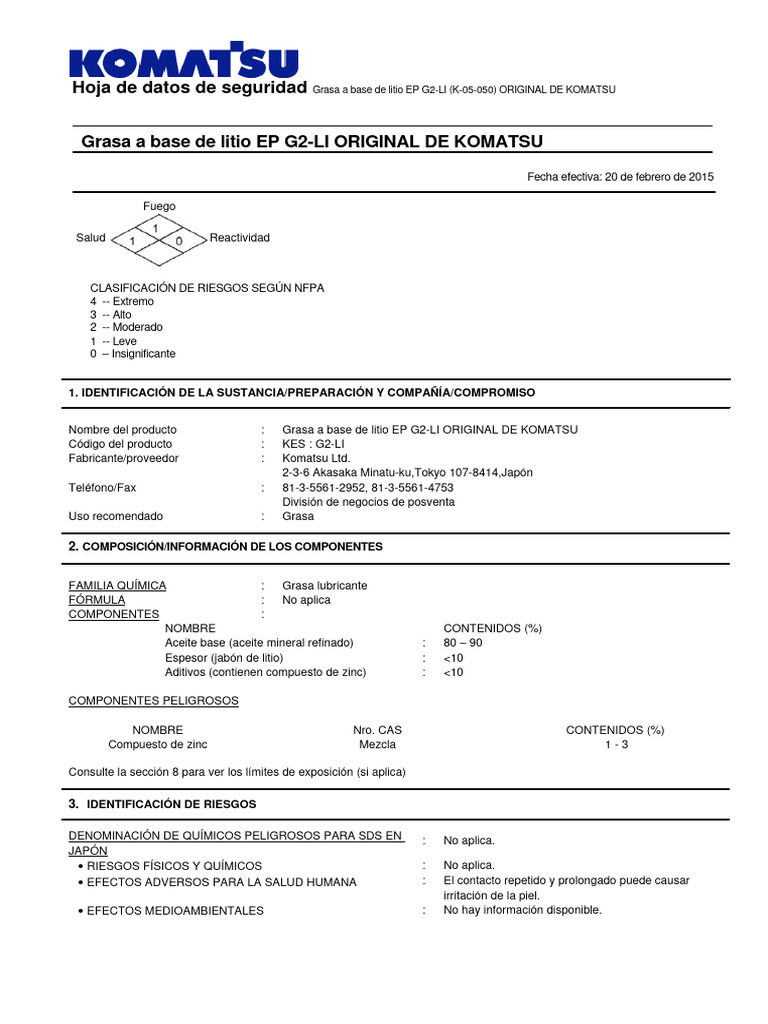 Komatsu Genuine Grease G2-LI SDS (K-05-050) - ES 2 | PDF