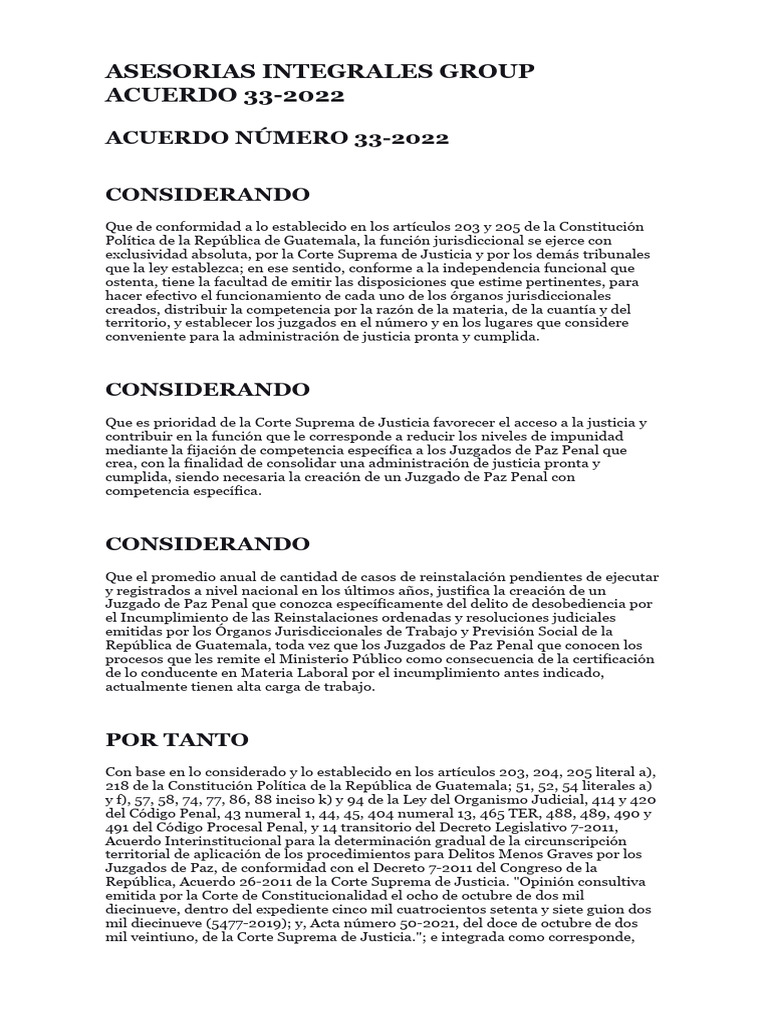 Acuerdo 33-2022 | PDF | Judicaturas | Juez