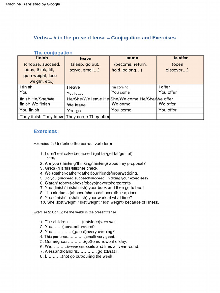 Les Verbes en - Ir Au Présent - Conjugaison Et Exercices | PDF