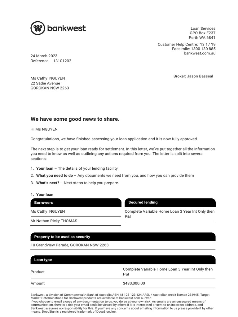 Bankwest - Formal Approval Letter 24 Mar 2023 | PDF Bankwest - Formal Approval Letter 24 Mar 2023 | PDF