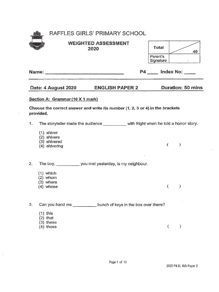 P4 English SA1 2020 Raffles Exam Papers | PDF