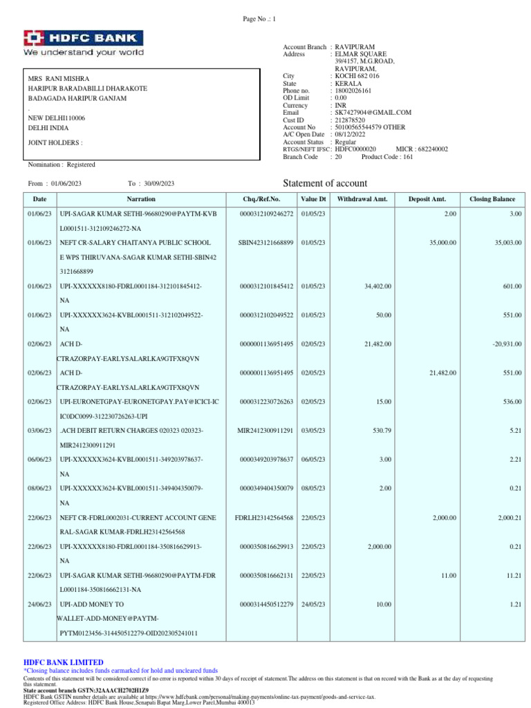 HDFC Ravipuram Account Statement | PDF | Debits And Credits | Economies