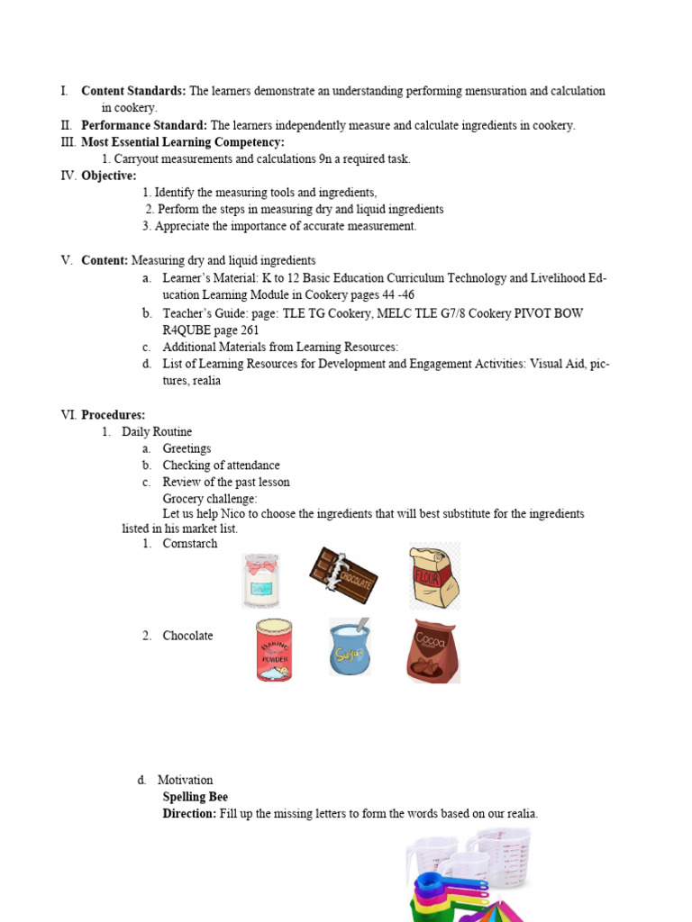 Lesson Plan in TLE 7 - Measuring Dry and Liquid Ingredients | PDF