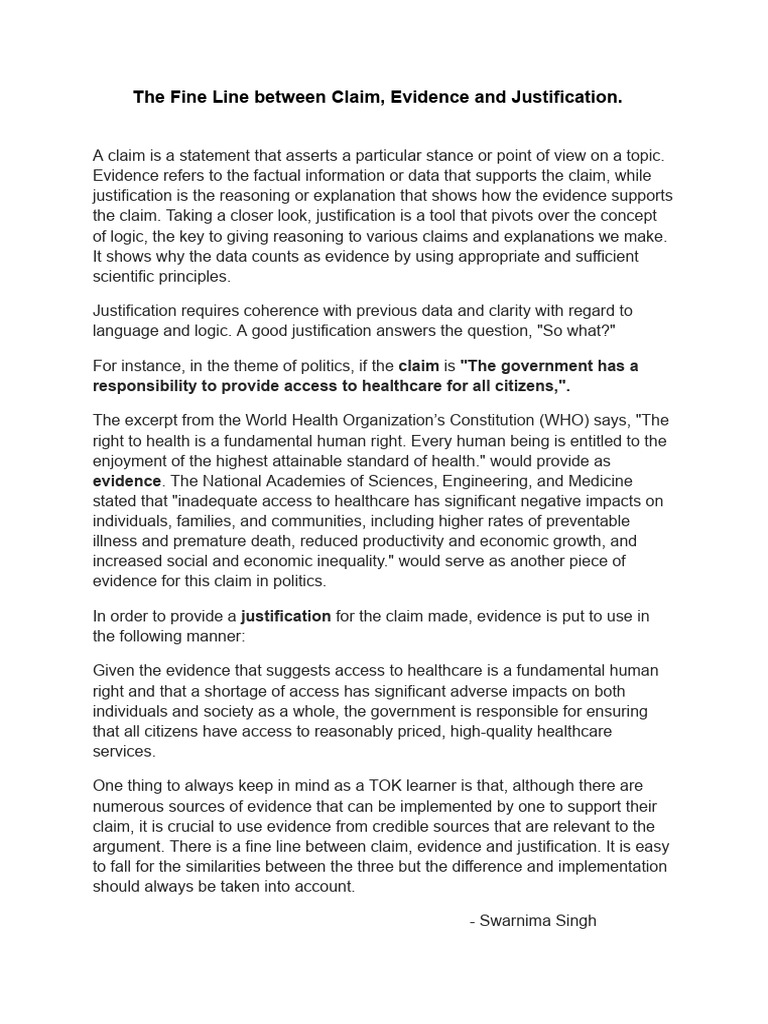 The Fine Line Between Claim, Evidence and Justification (TOK IBDP) | PDF