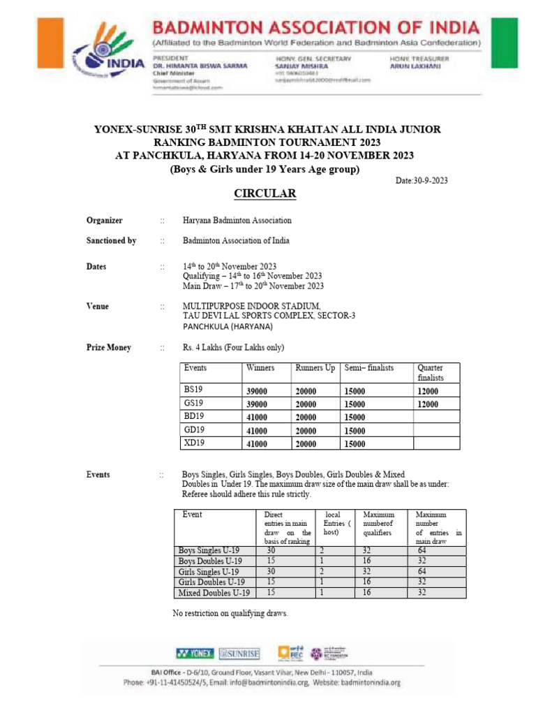 BAI Circular - Yonex Surnise Krishna Khaitan All India Junior Ranking ...
