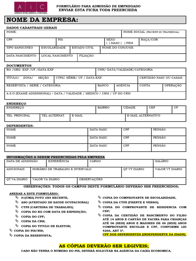 Formulario para Admissao de Empregado 2021 | Download grátis PDF ...