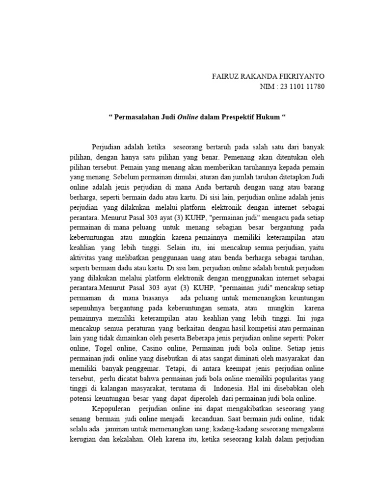 Essay " Permasalahan Judi Online Dalam Prespektif Hukum " | PDF