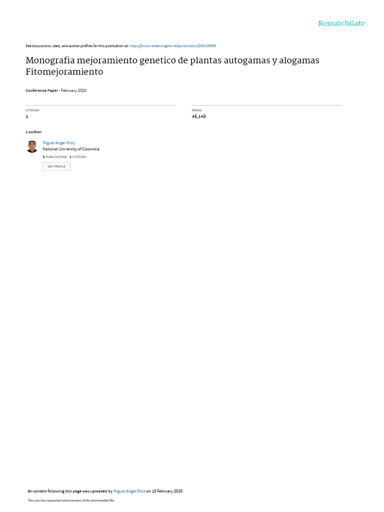 Monografia Mejoramiento Genetico de Plantas Autogamas y Alogamas Fitomejoramiento | PDF | Tecnología