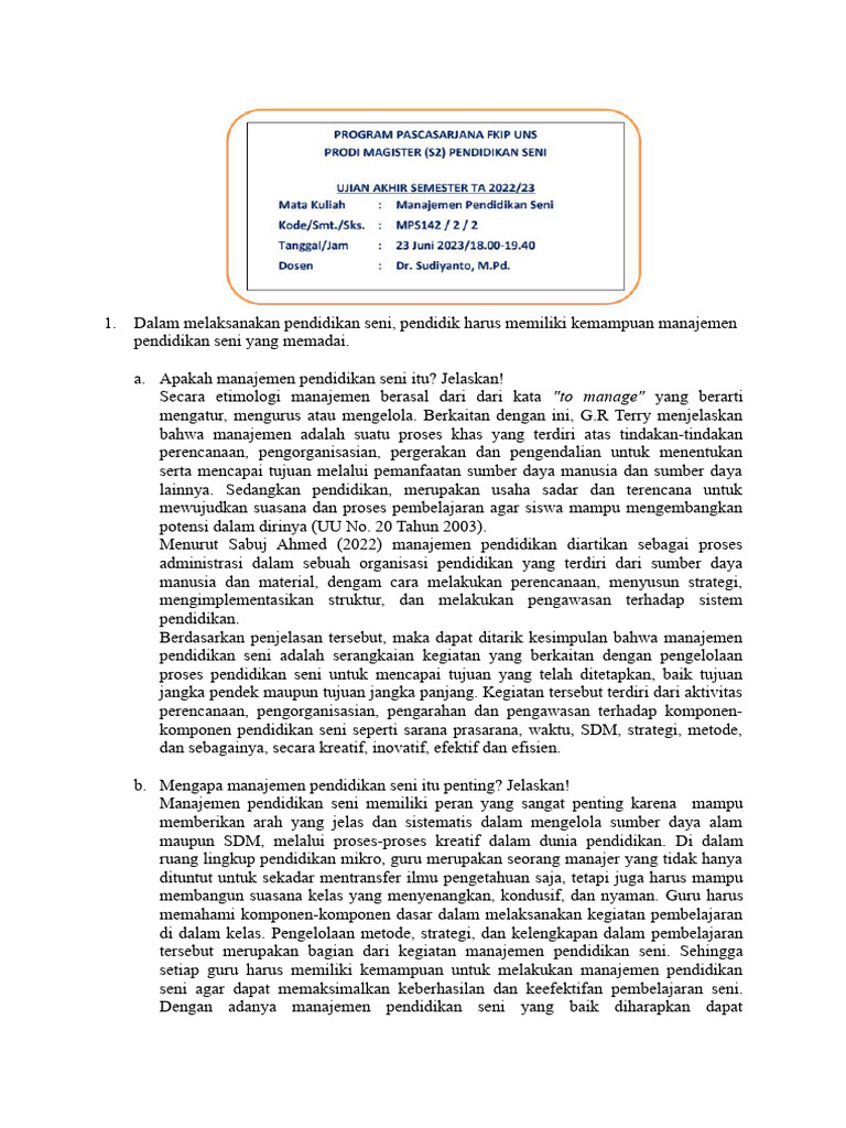UAS MANAJEMEN PENDIDIKAN SENI - IVANA (s052208001) | PDF
