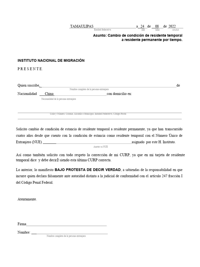 Escrito - Cambio - de - Residente - Temporal - A - Residente ...