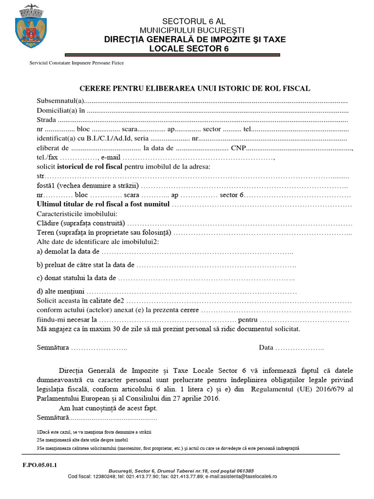Cerere Pentru Eliberarea Unui Istoric de Rol Fiscal - 0 | PDF