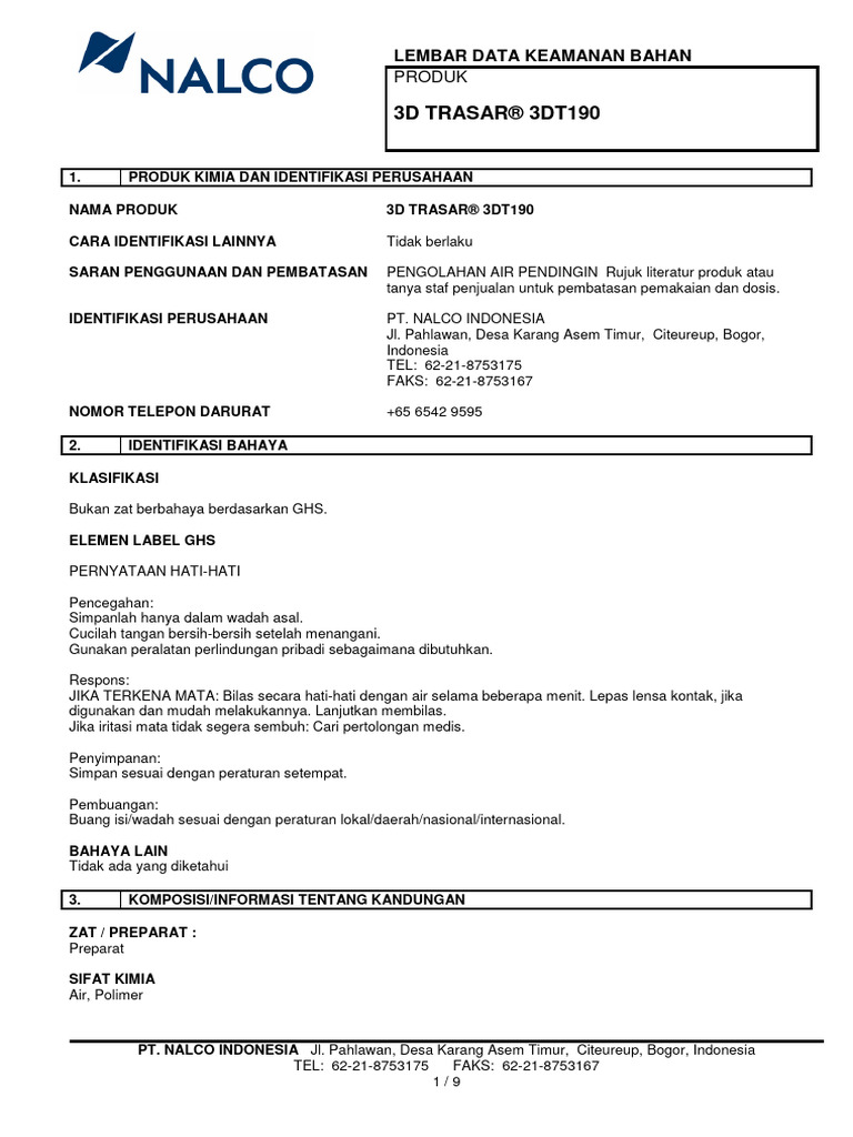 Nalco 3DT-190 MSDS | PDF