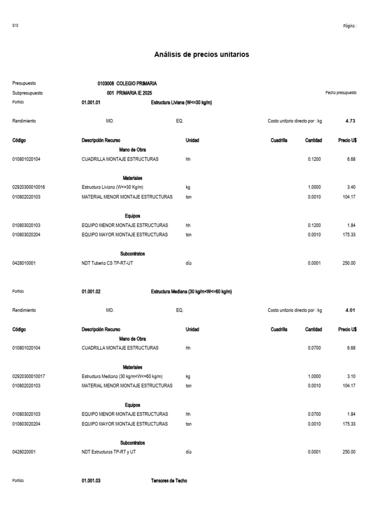 Análisis de Precios Unitarios: Página | PDF