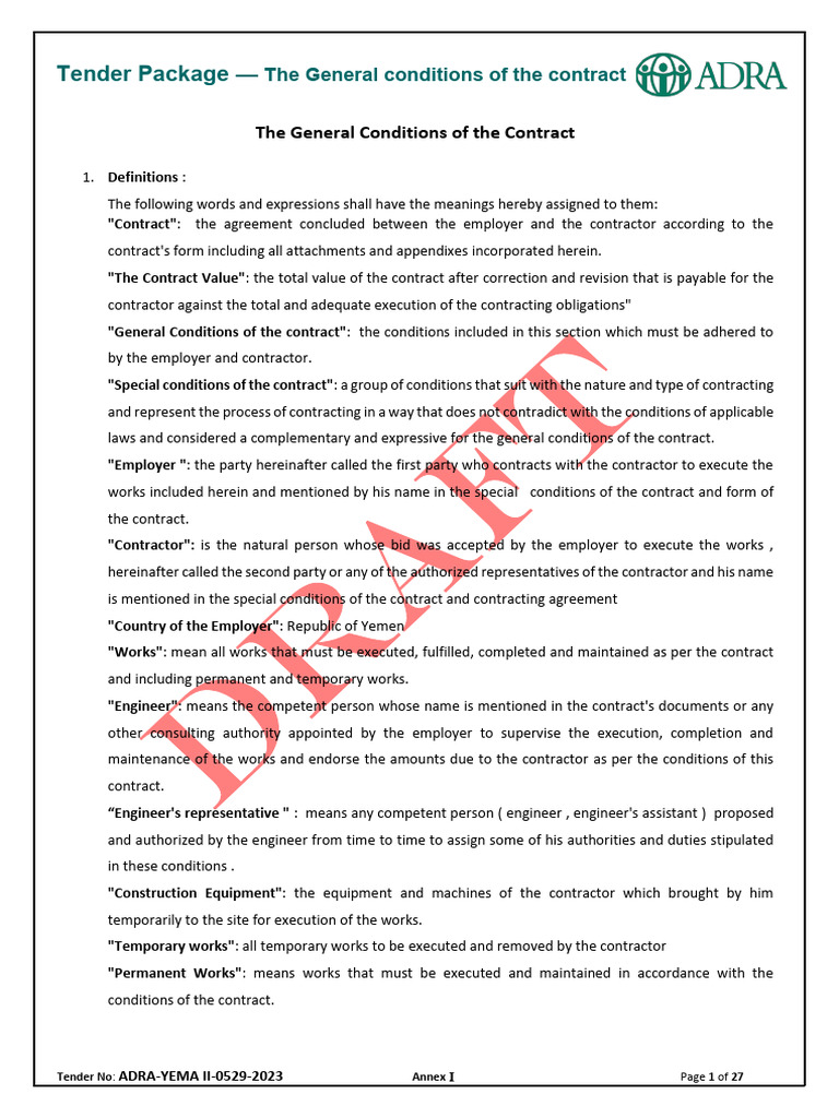 Annex I General Conditions of Contract - Tender No ADRA-YEMA II - 559-2023 | PDF | Employment ...