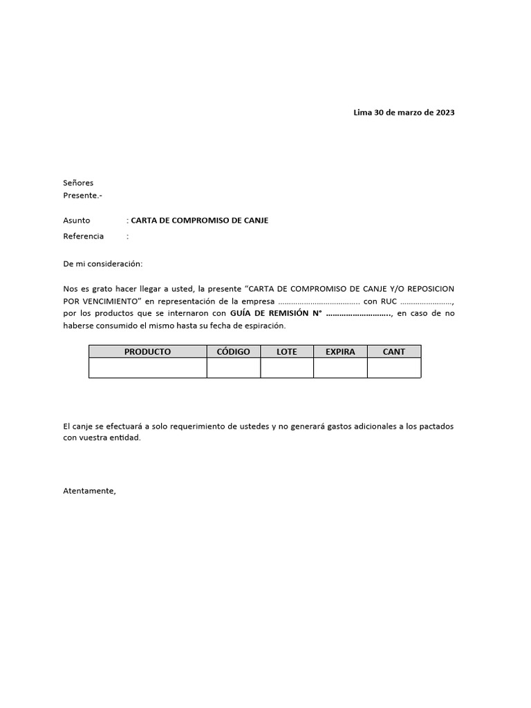 Carta de Compromiso de Canje o Reposicion | PDF