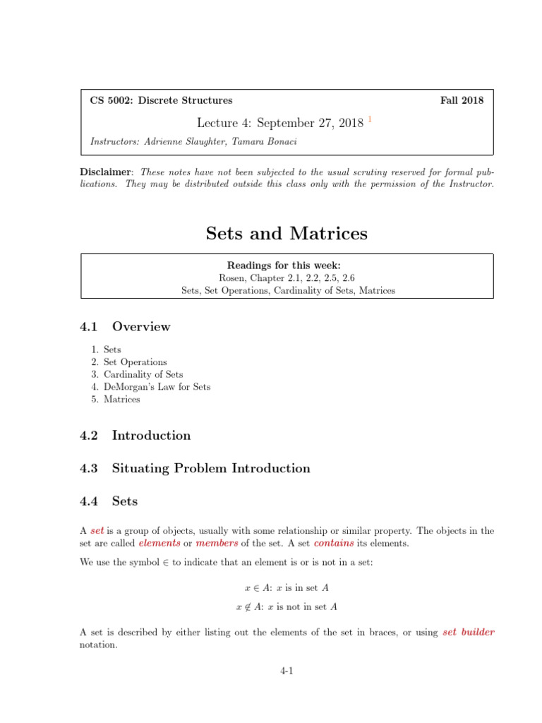 Cs5002 Lect4 Fall18 Notes Blank | PDF | Empty Set | Set (Mathematics)