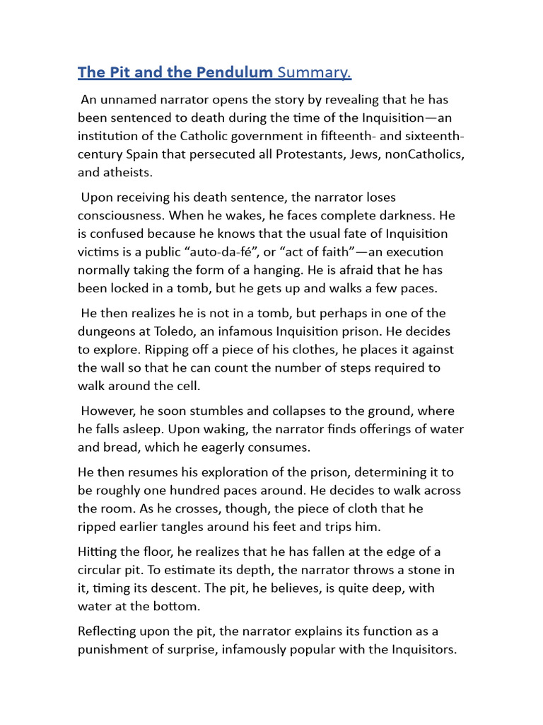 Resumen The Pit and The Pendulum (En Inglés) | PDF