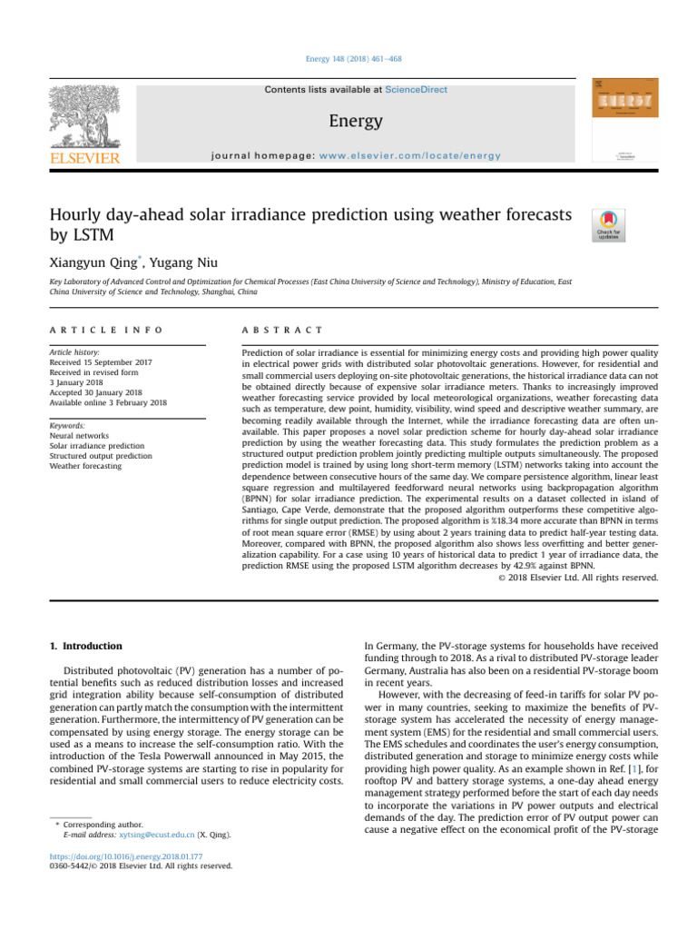 Hourly Day Ahead Solar Irradiance Prediction Using Weather Forecasts E18 Pdf