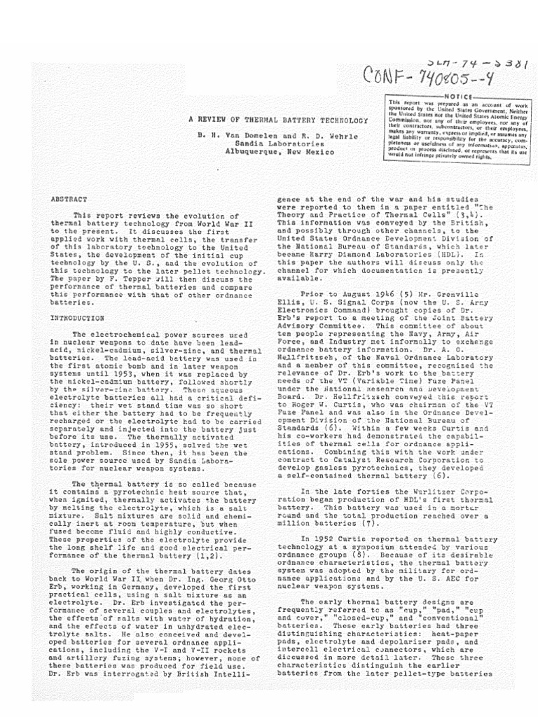 Domelen and Werhle, "A Review of Thermal Battery Technology," SLA745381 ...