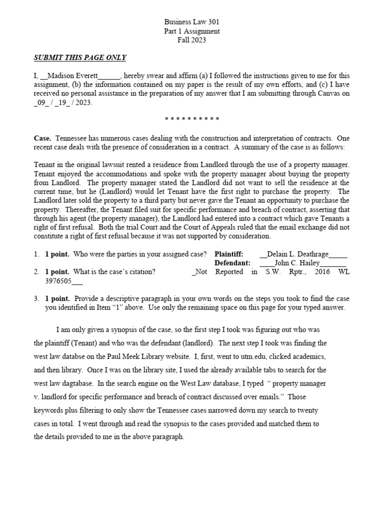 B301 Find The Case Fall 2023 Assignment | PDF | Leasehold Estate | Lawsuit